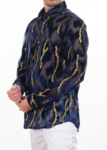Blue Gold Foil Velvet Sheer Shirt – MONDO Menswear