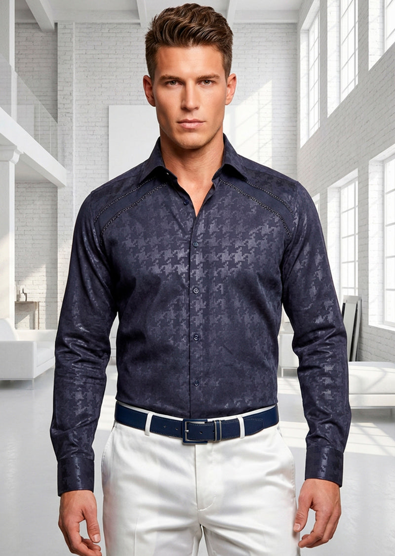 Navy Houndstooth Studded Shirt – MONDO Menswear