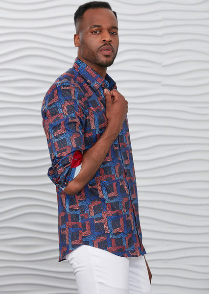 Navy Meander Print Silky Shirt – MONDO Menswear