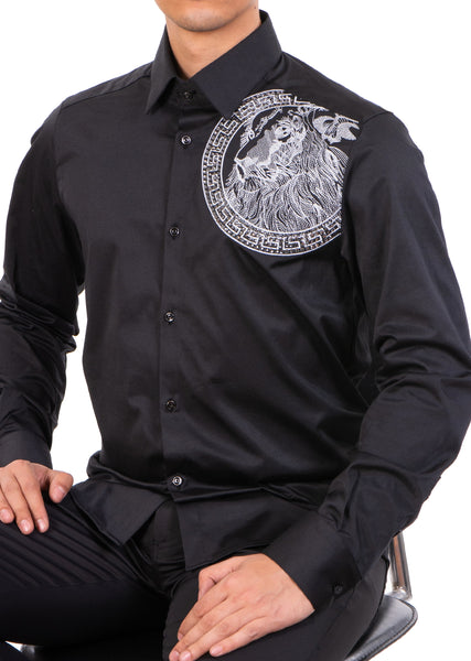 Black Silver Meander Lion Rhinestone Shirt – MONDO Menswear